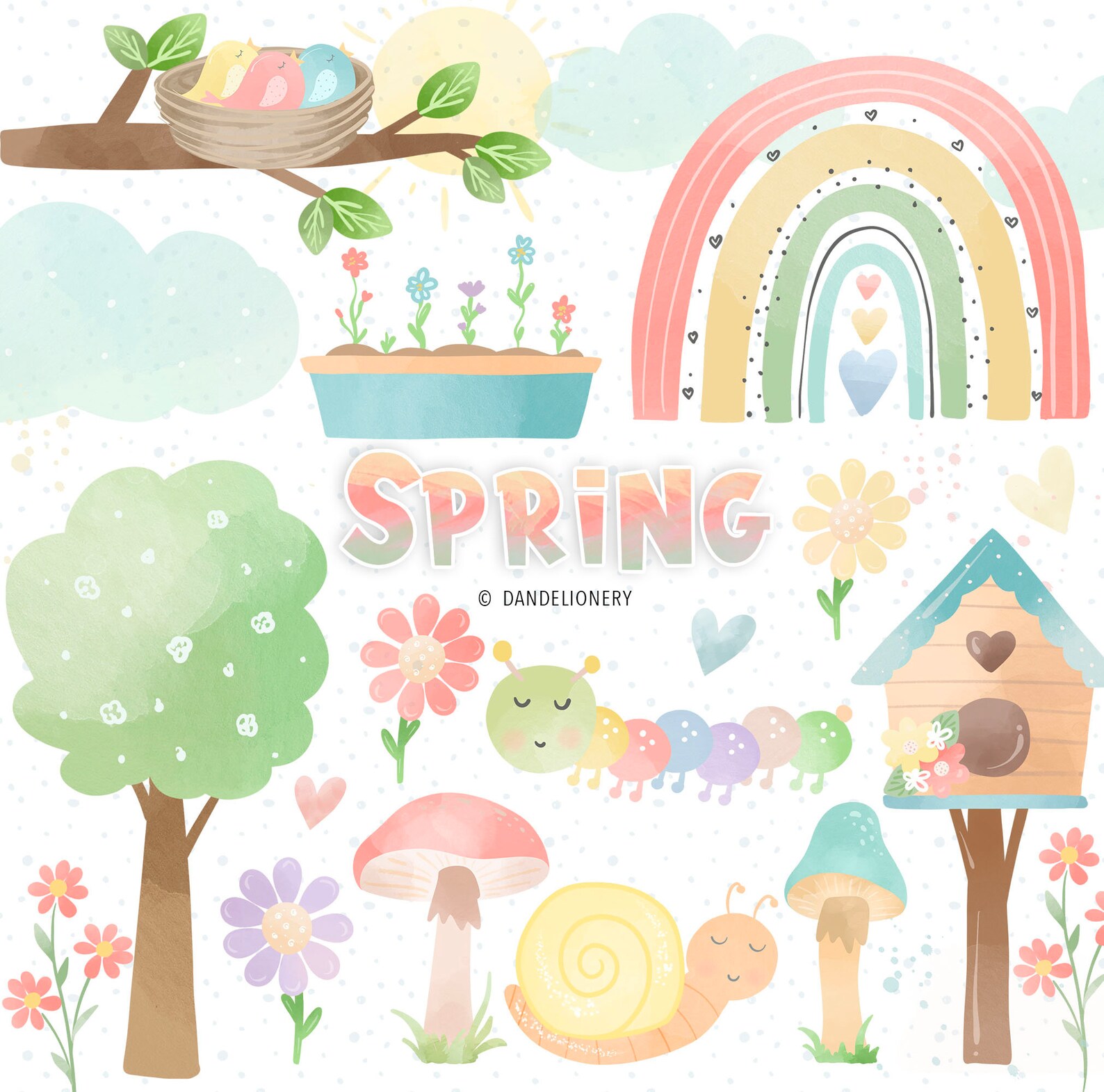 Watercolor Cute Spring Design Nursery Clipart Sun Bird | Etsy