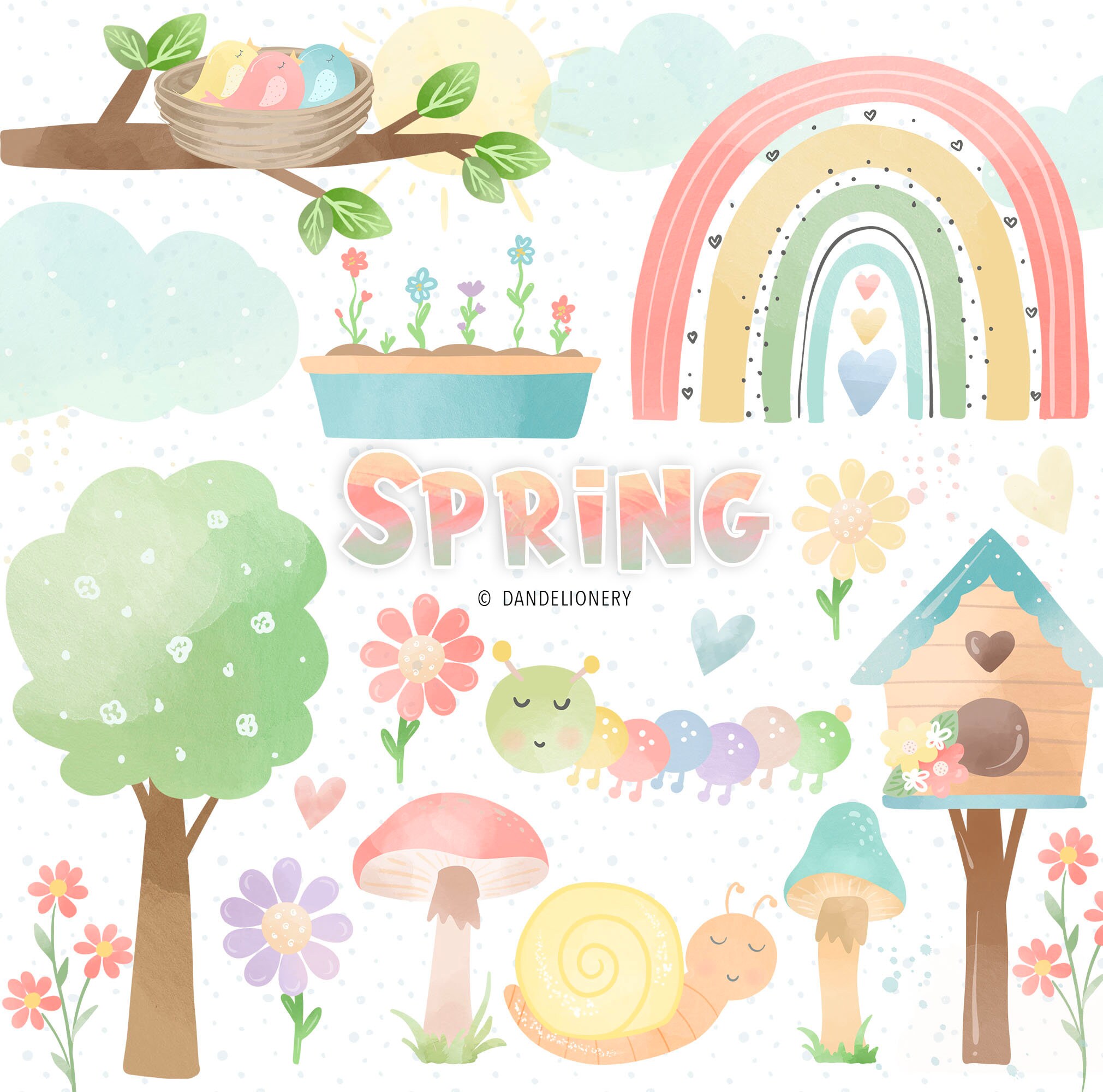 Watercolor Cute Spring Design Nursery Clipart Sun Bird | Etsy