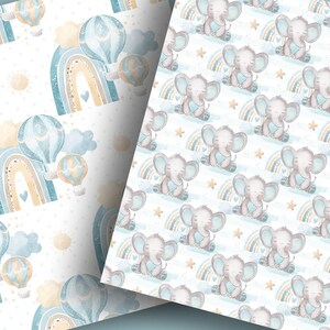 Watercolor Baby Elephant Digital Paper Pack Boy, Rainbows Digital Paper ...