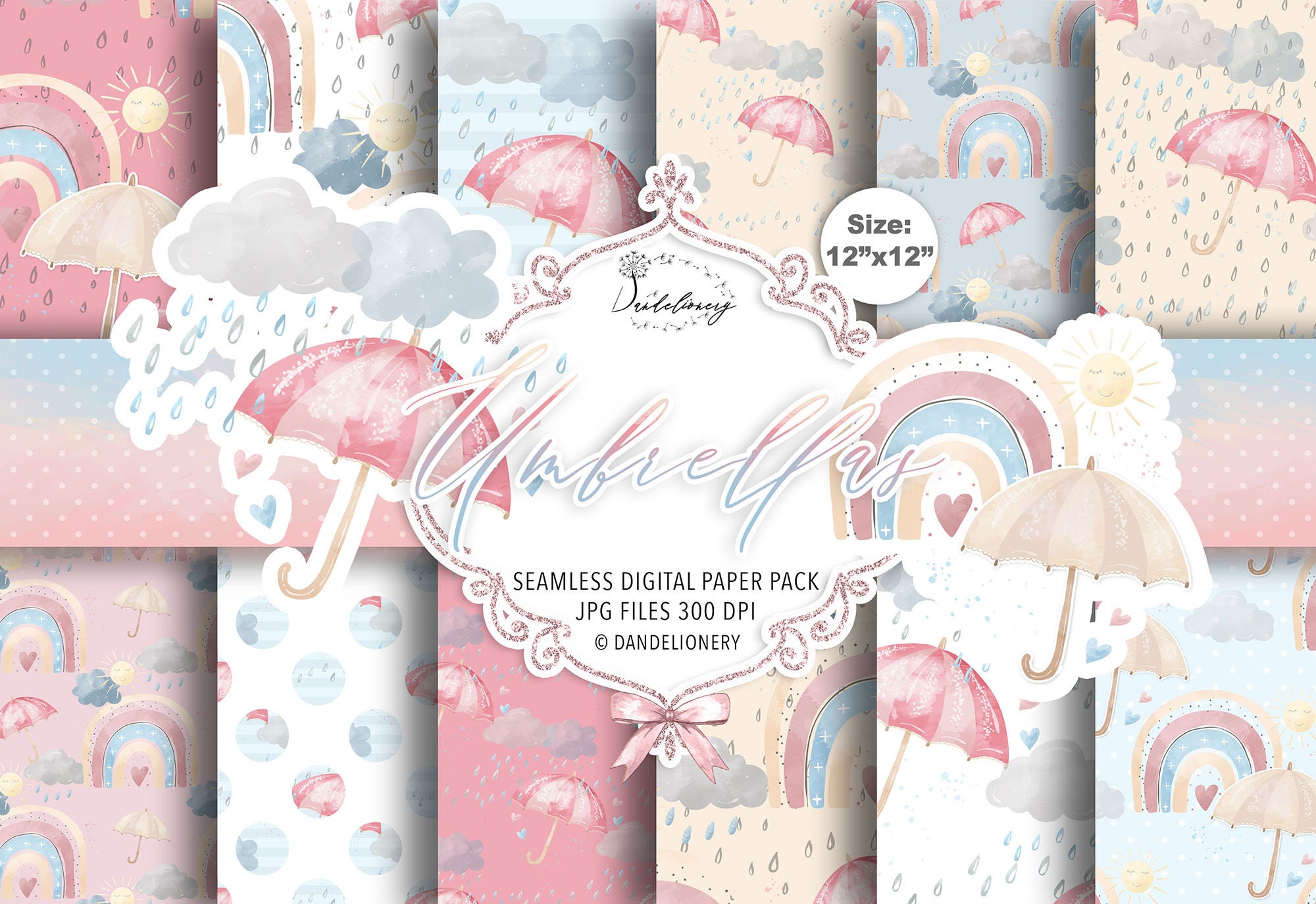 Watercolor Umbrellas Digital Paper Pack Rainbows Patterns | Etsy