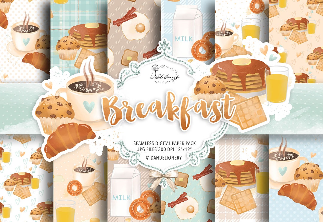 Breakfast Digital Paper Pack, Breakfast Pattern, Eggs, Bacon, Pancakes ...