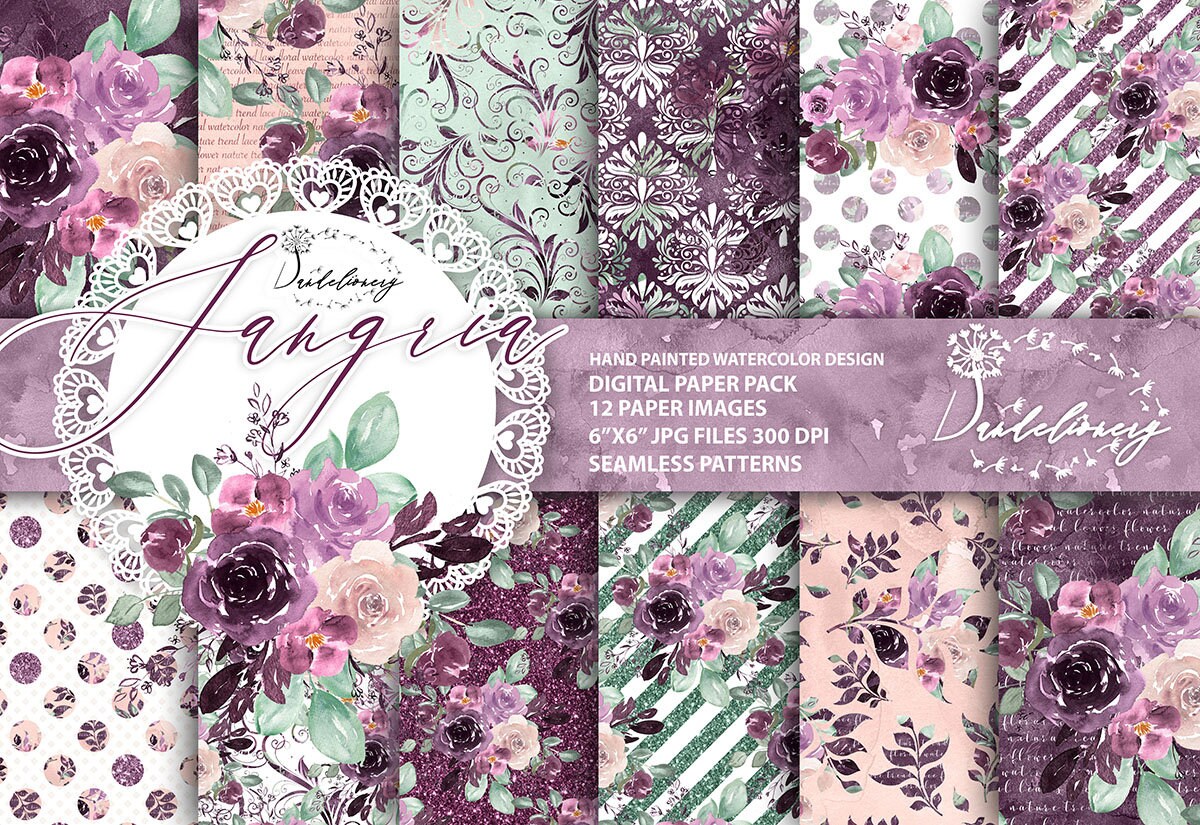 Scrapbooking floral roses Watercolor Sangria digital paper pack Hand ...