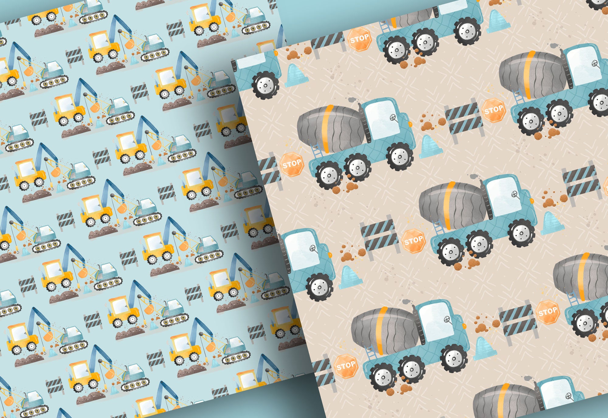 Watercolor Construction Diggers Digital Paper Pack Boy - Etsy