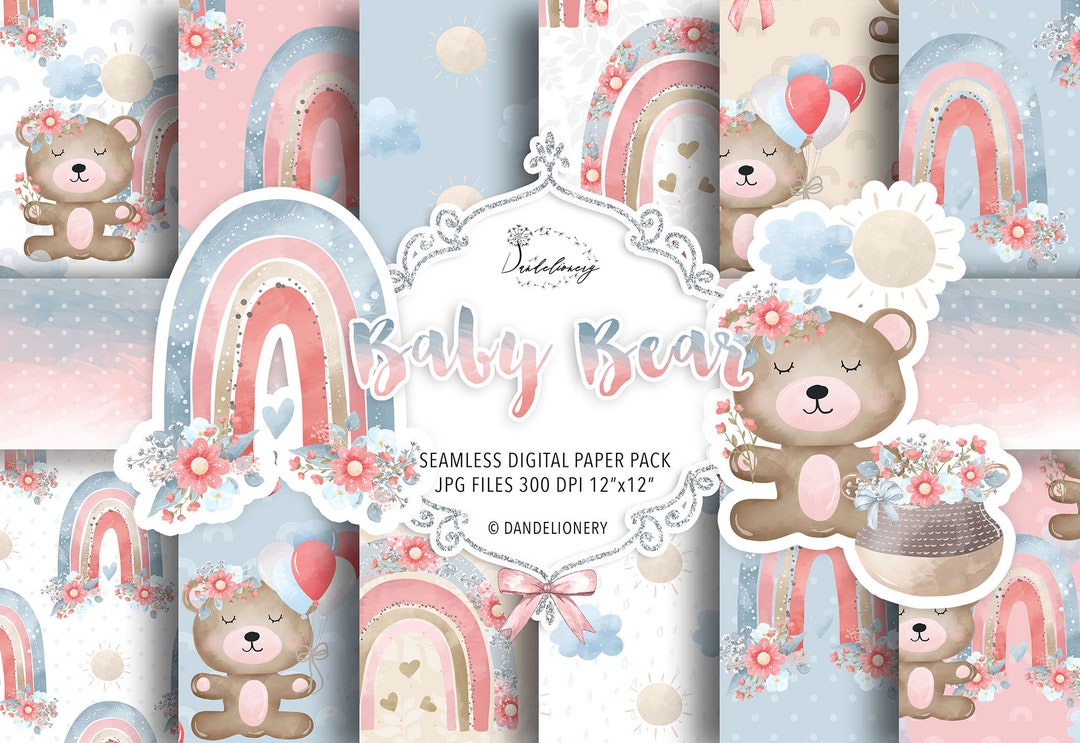 Rainbow Baby Bear Digital Paper Pack, Rainbows Pattern, Baby Paper ...
