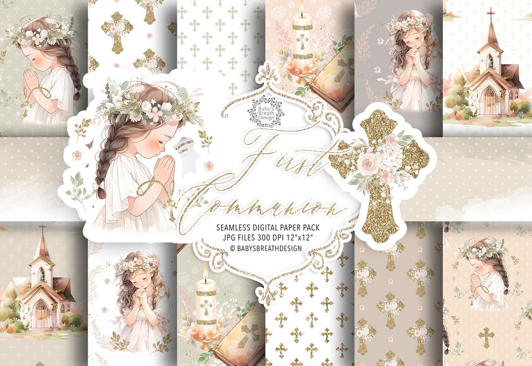 Watercolor Gold First Communion Digital Paper, Watercolor Pattern First ...