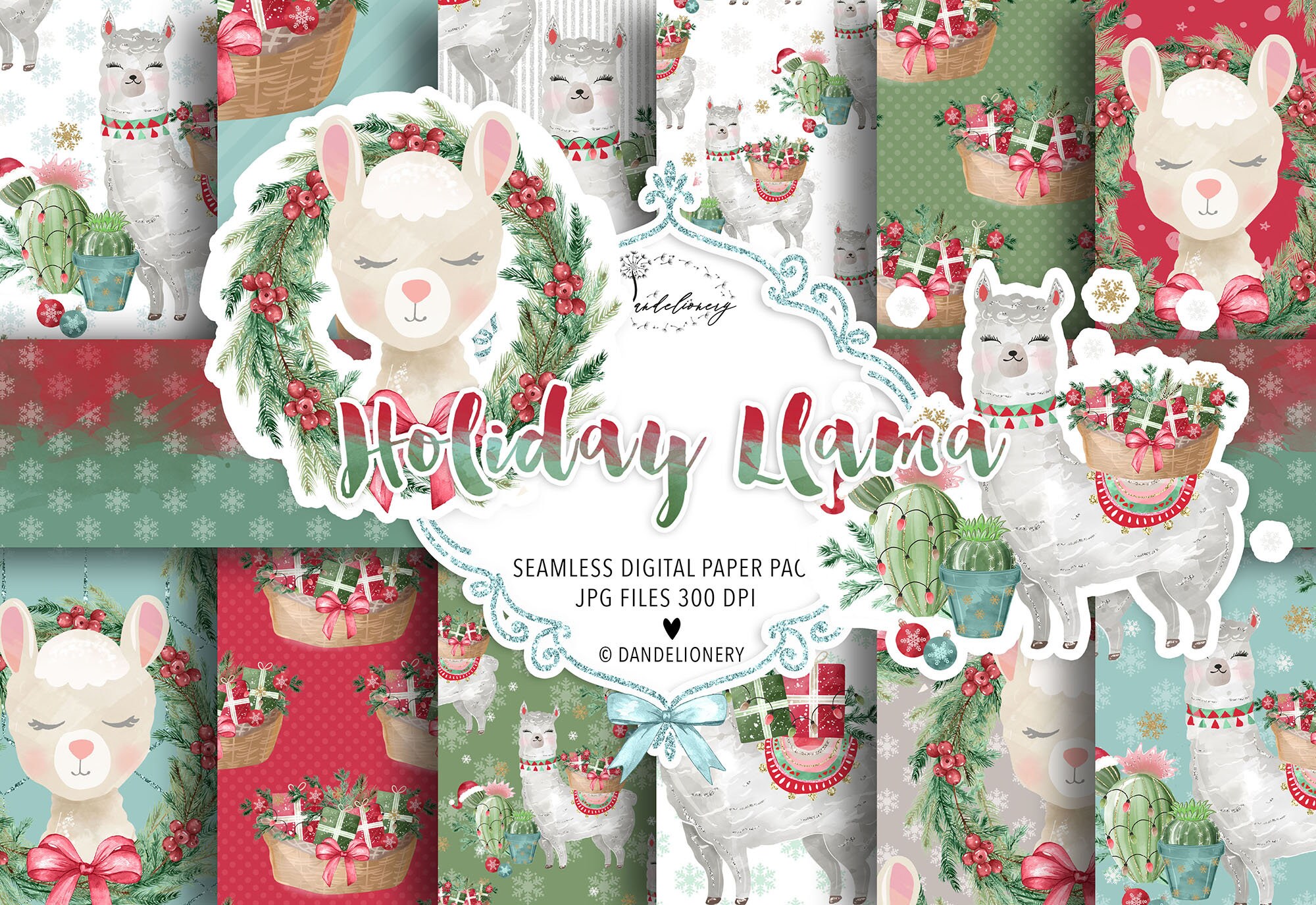 Holiday Llama digital paper pack christmas bouquet gift | Etsy