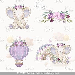 Watercolor Baby Elephant Purple Design, Rainbows Clipart, Instant ...