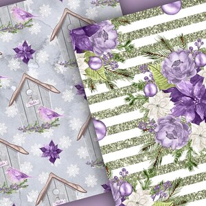 Purple Winter Digital Paper Pack, Cute Bird, Poinsettia, Christmas ...