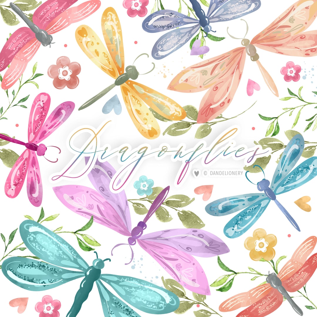 Dragonflies Design, Spring Clipart, Flower Clip Art, Hand Drawn Flowers ...