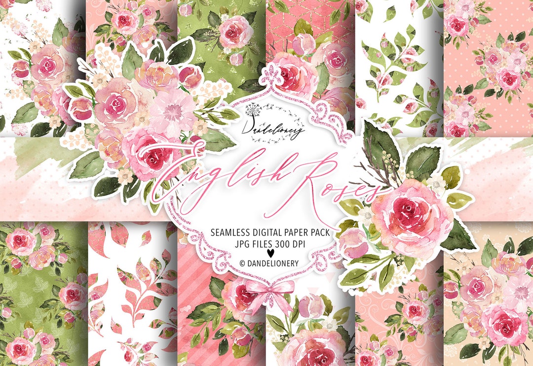 Watercolor English Roses Digital Paper Pack, Garden, Flower Pattern ...