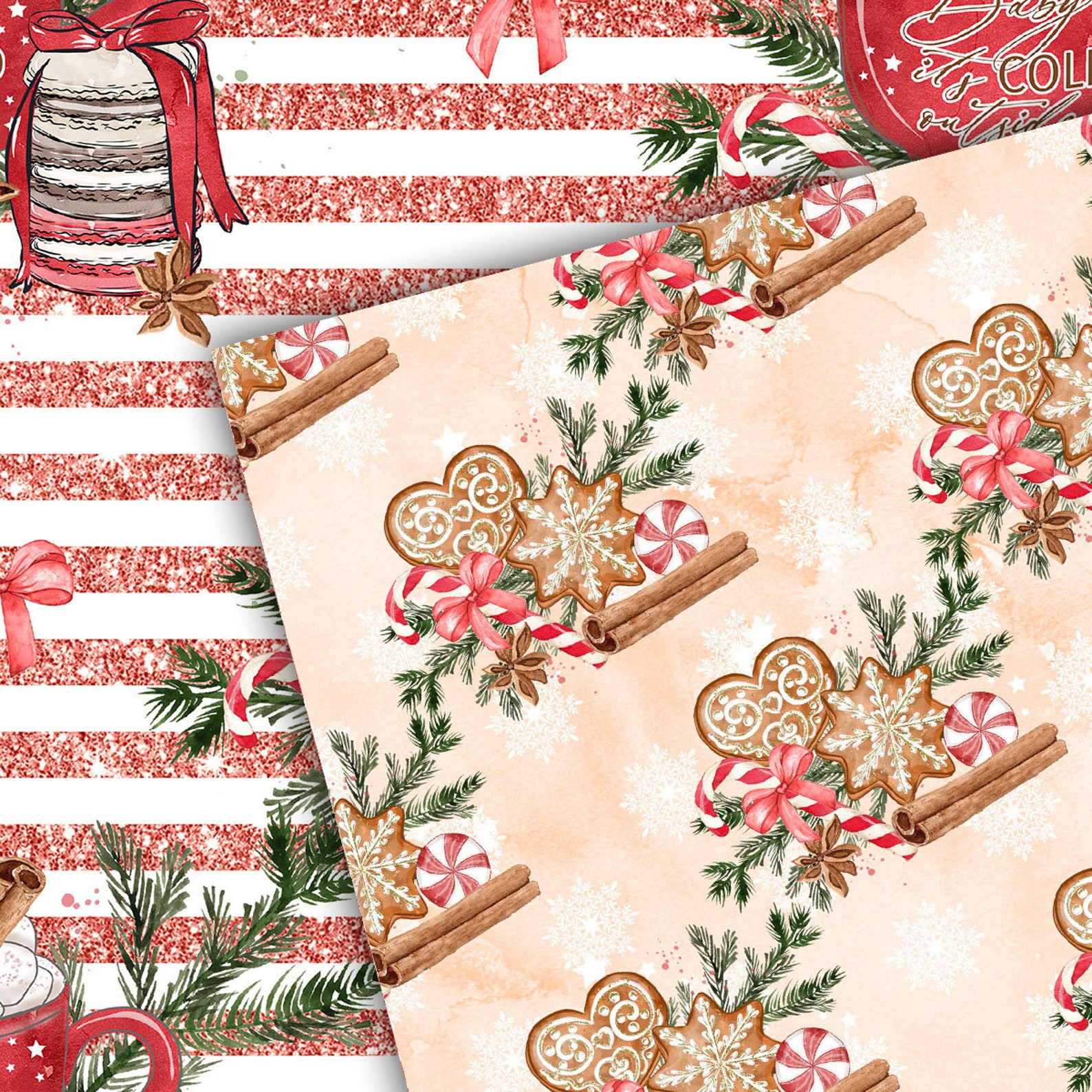 Gingerbread Watercolor Digital Paper Pack, Christmas Pattern, Cute ...