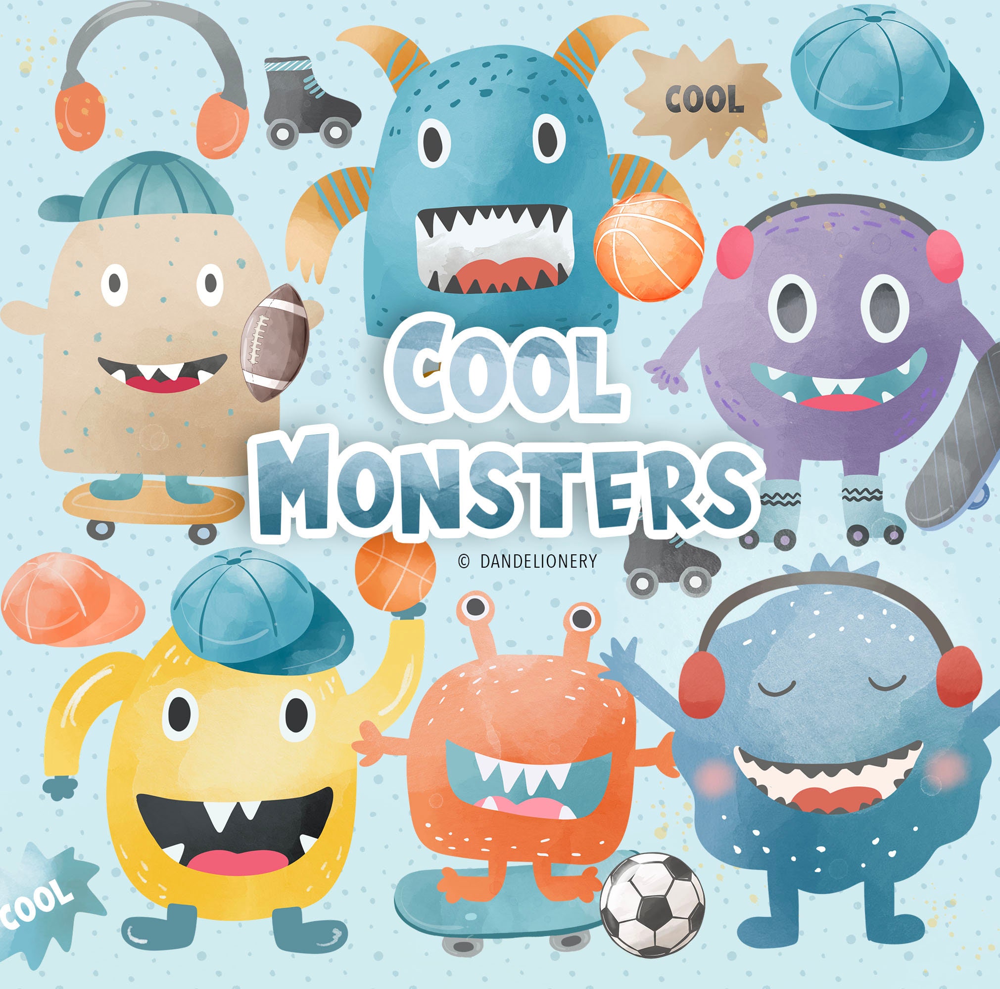 Watercolor Cool Monsters Design Nursery Clipart Sports Boys - Etsy