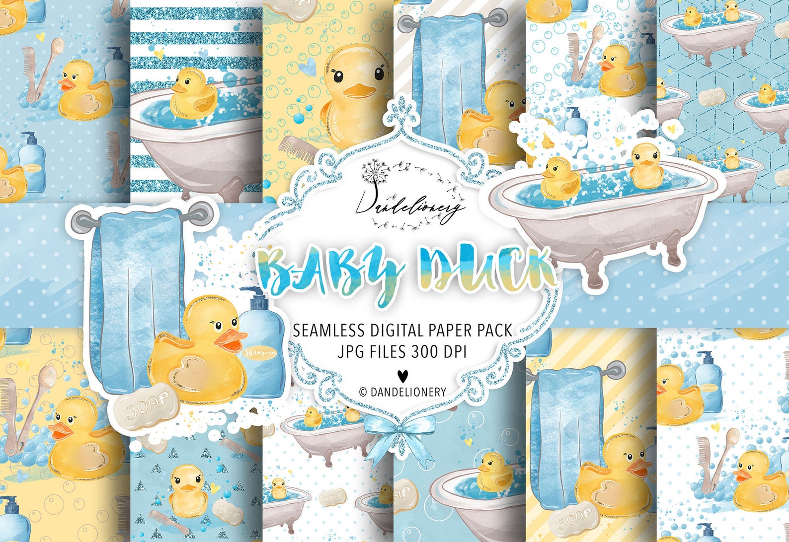 Watercolor Baby Duck Digital Paper Pack Baby Bath Instant - Etsy
