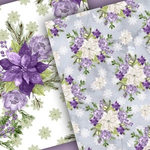 Purple Winter Digital Paper Pack, Cute Bird, Poinsettia, Christmas ...