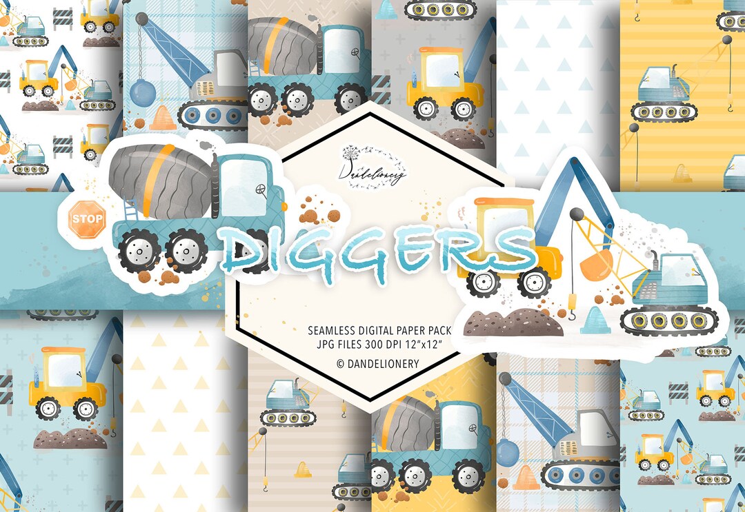 Watercolor Construction Diggers Digital Paper Pack, Boy Pattern ...