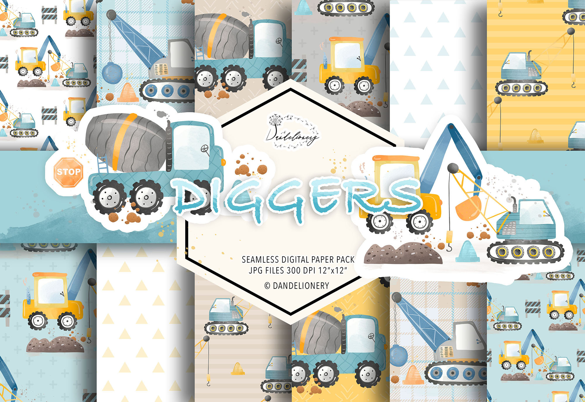 Watercolor Construction Diggers Digital Paper Pack Boy - Etsy