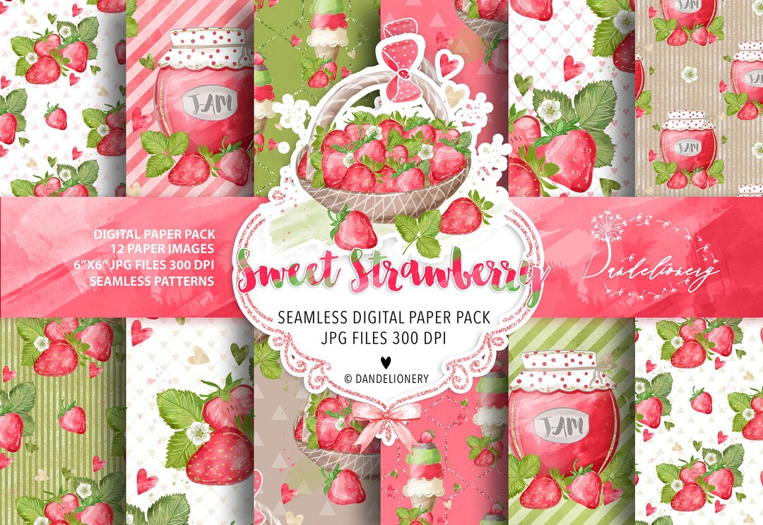 Watercolor Strawberry Digital Paper Pack, Strawberry, Instant Download ...