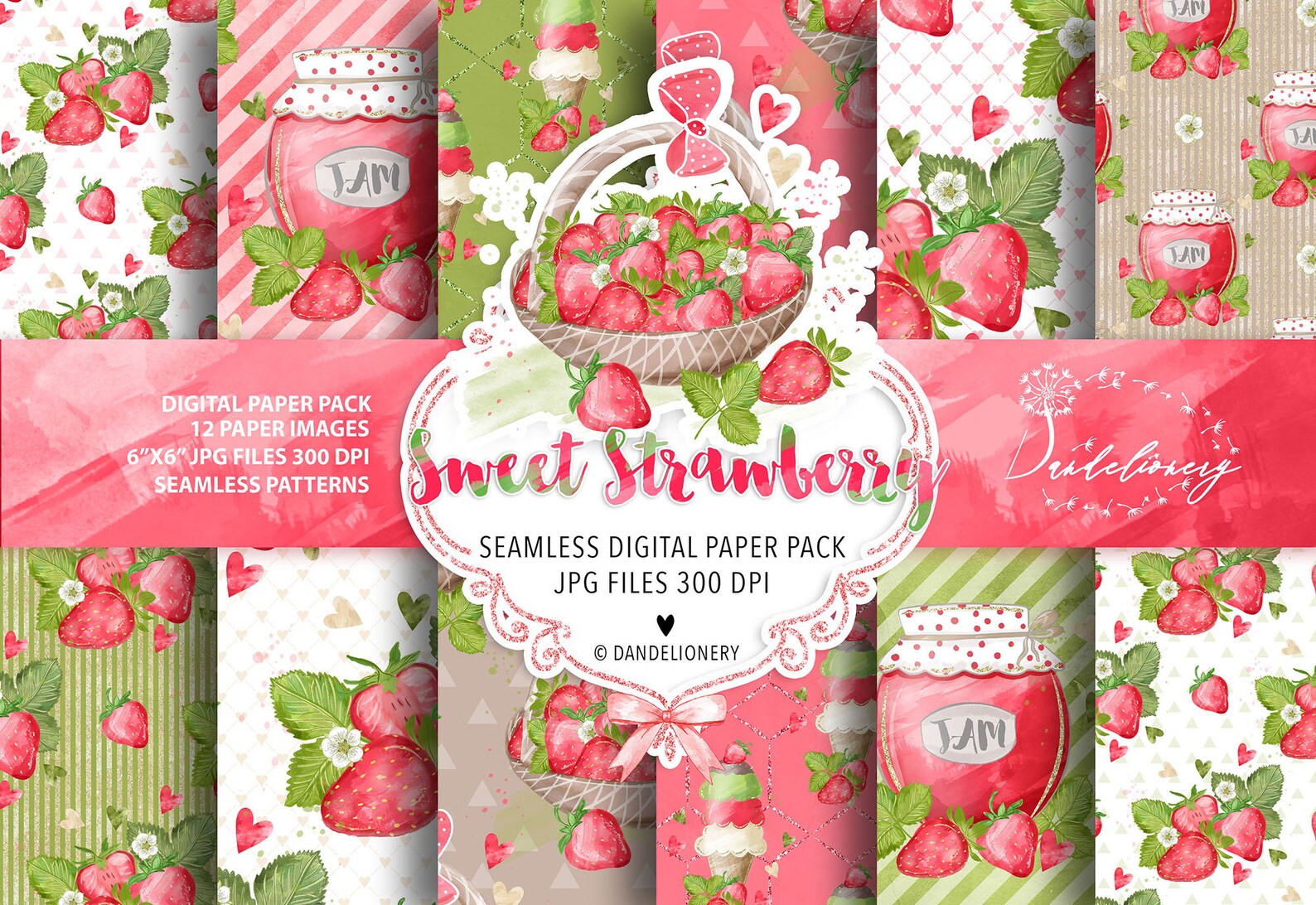 Watercolor Strawberry Digital Paper Pack Strawberry Instant | Etsy