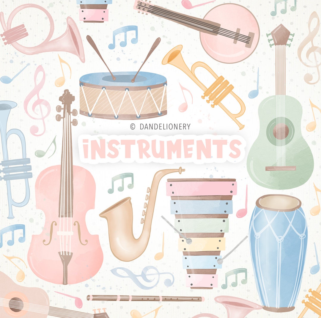 Watercolor Instruments Pastel Color Design, Guitar, Trumpet, Drum ...