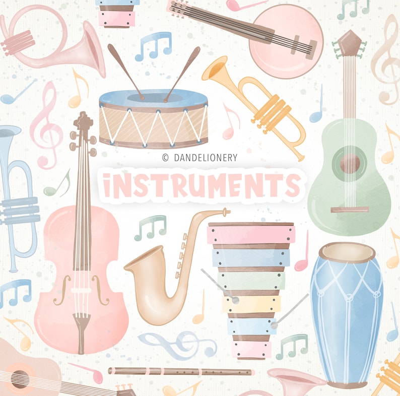 Watercolor Instruments Pastel Color Design, Guitar, Trumpet, Drum ...