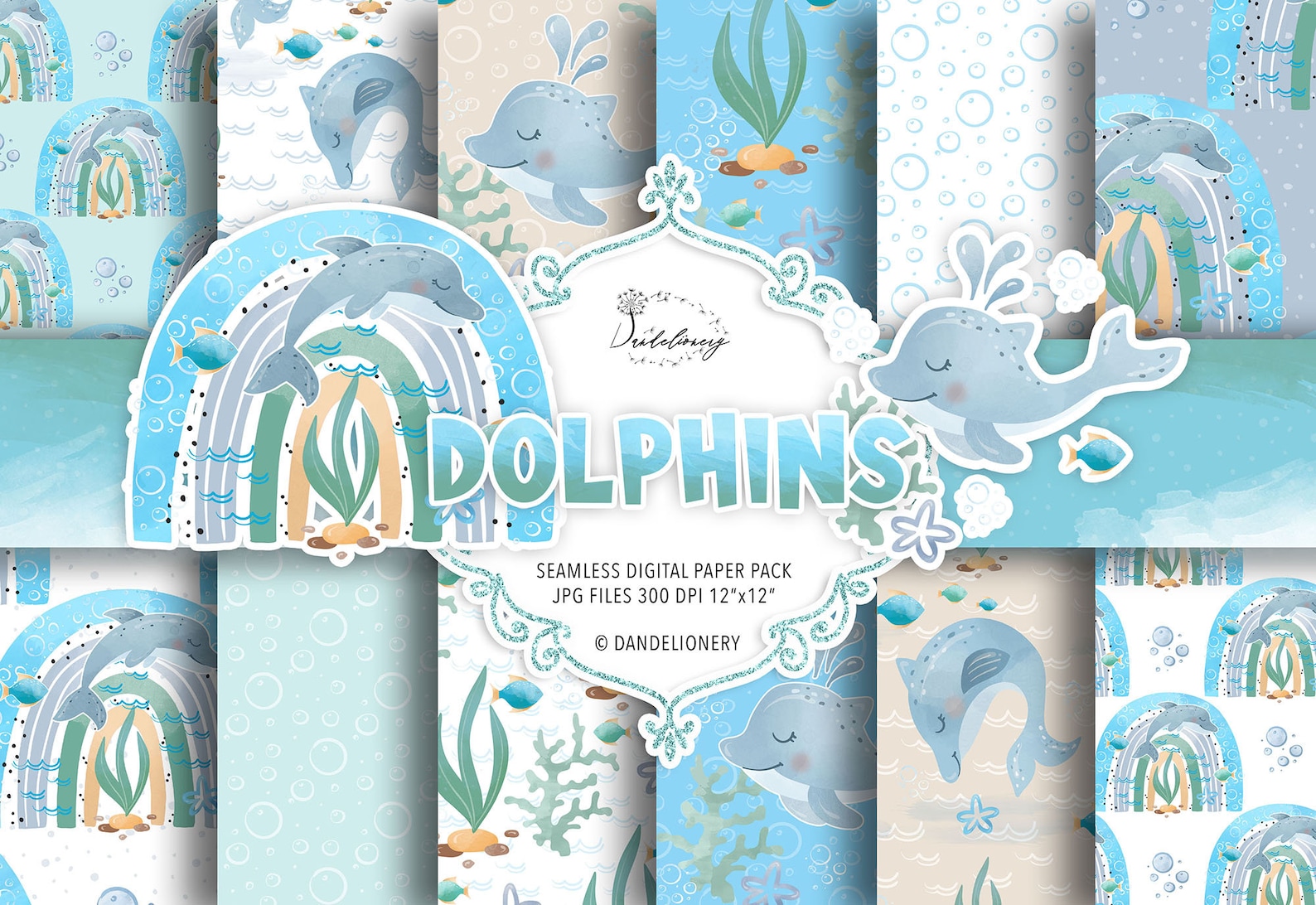 Watercolor Dolphins Digital Paper Pack Nursery Pattern Sea - Etsy