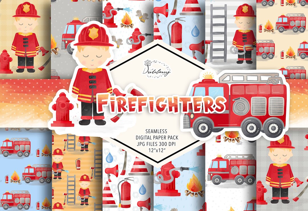 Watercolor Firefighters Digital Paper Pack, Seamless, Fire Truck ...