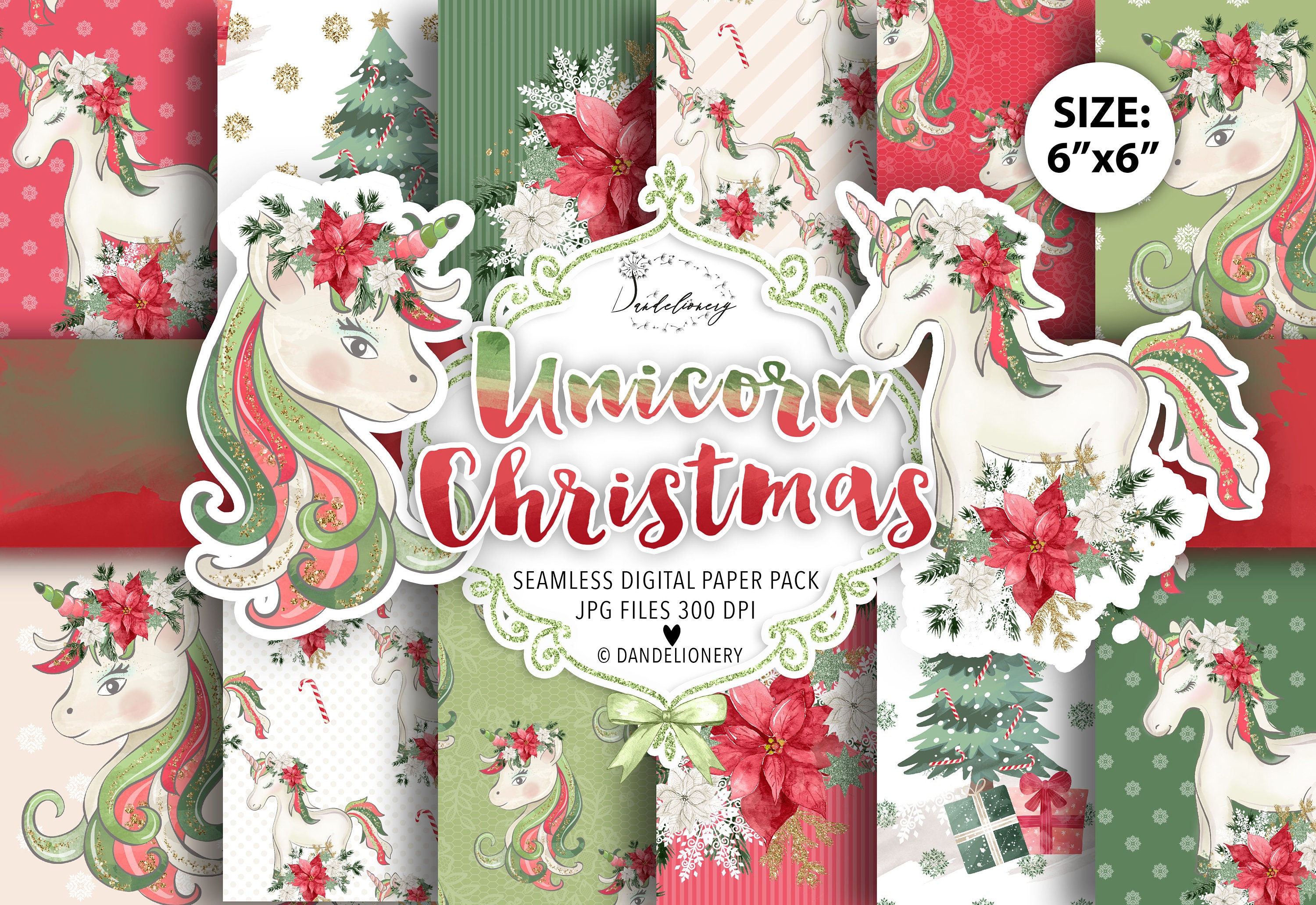 Cute Unicorn Christmas Digital Paper Pack 6x6 - Etsy