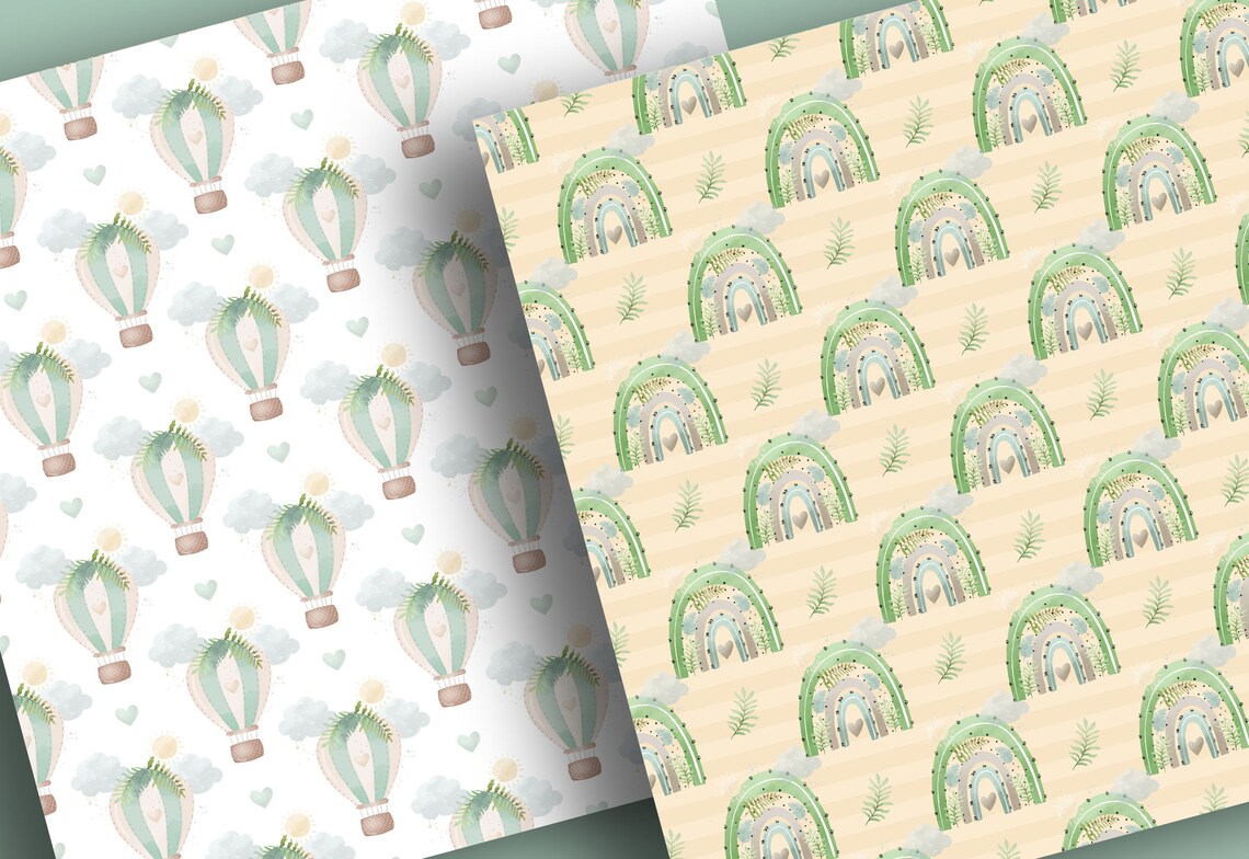 Watercolor Baby Elephant Green Digital Paper Pack Rainbows | Etsy