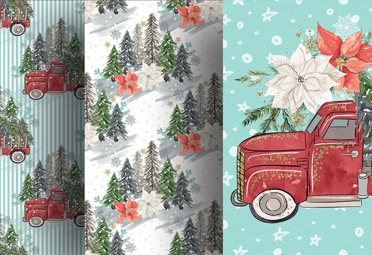 Christmas Car Digital Paper Pack Christmas Tree Poinsettia - Etsy