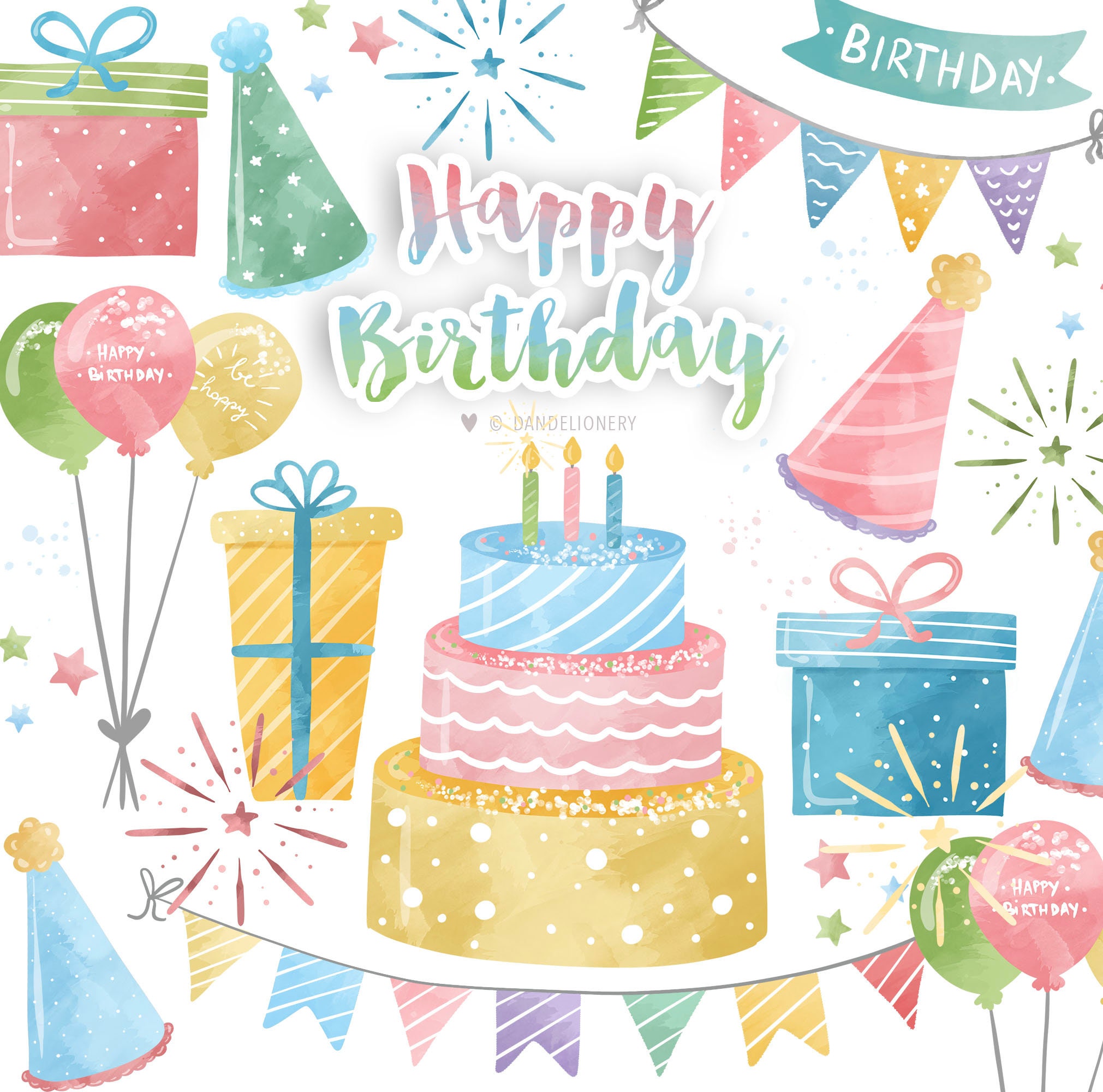 Watercolor Birthday Clipart Party Kids Birthday Printable - Etsy