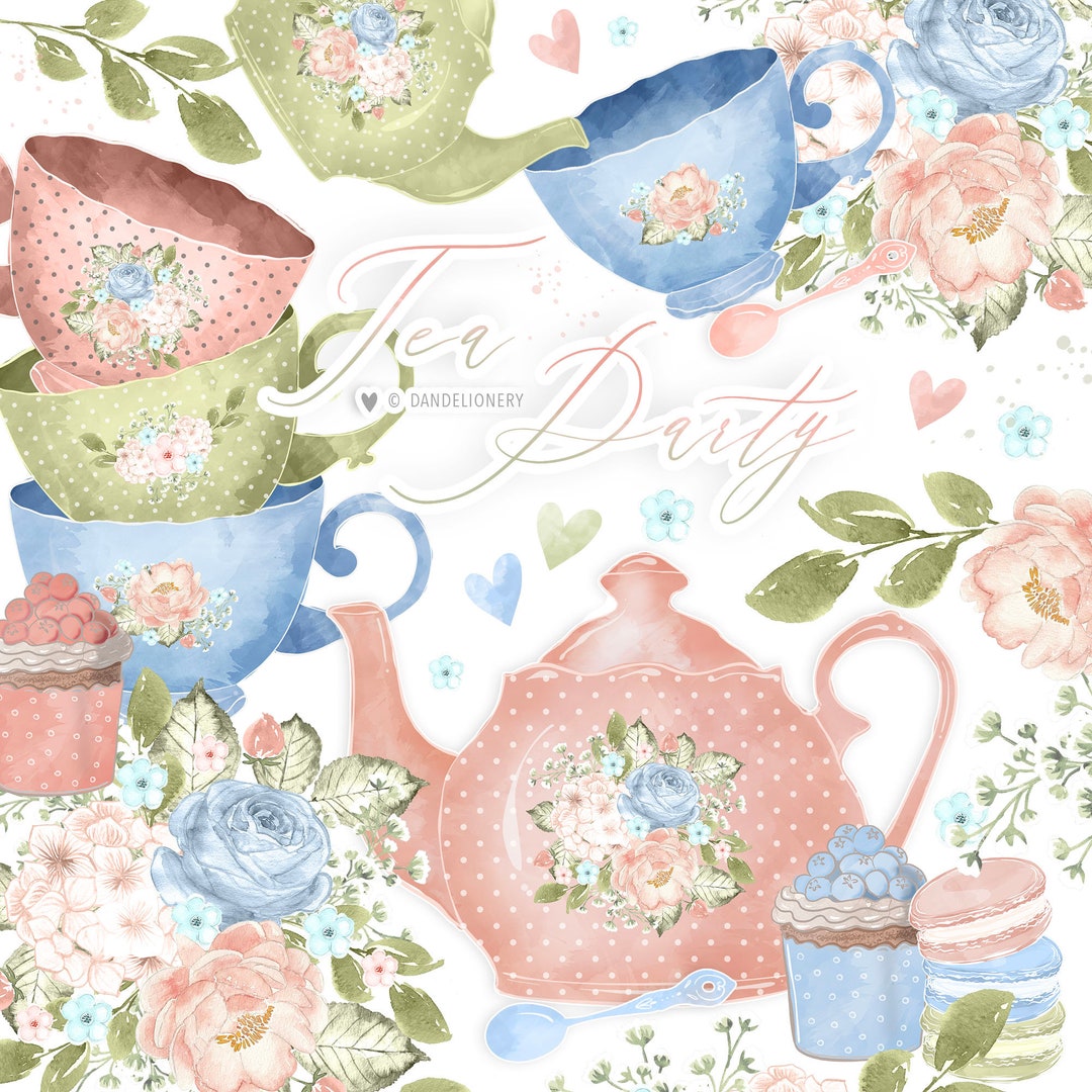 Watercolor Tea Time Party Design, Tea Clipart, Macaron Clipart, Tea Cup ...