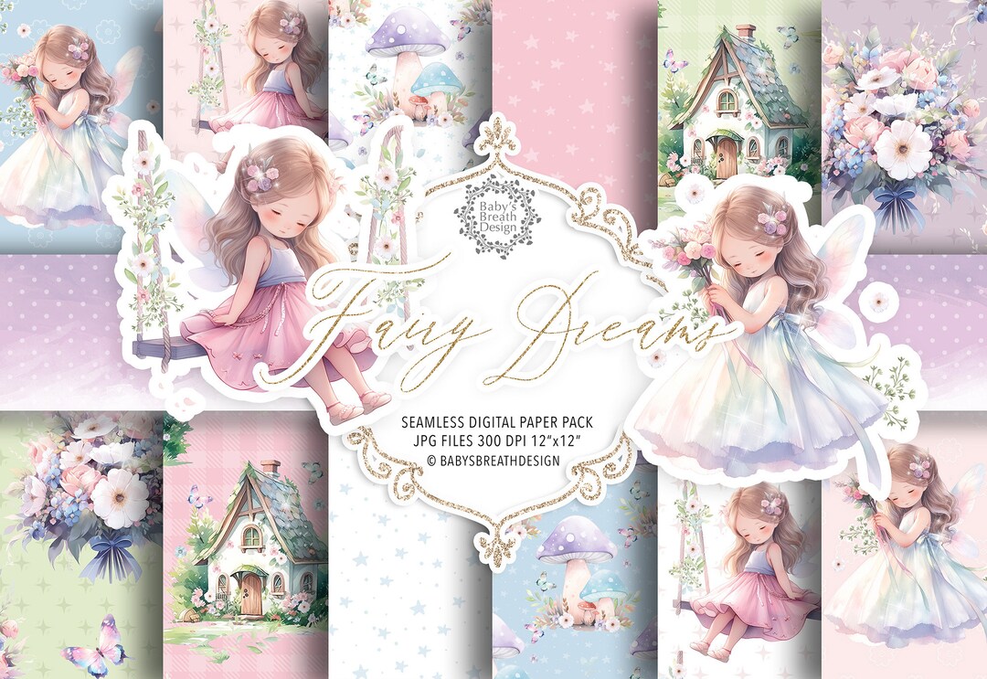 Watercolor Fairy Tale Digital Paper Pack, Fairy Pattern, Swing, Flower ...
