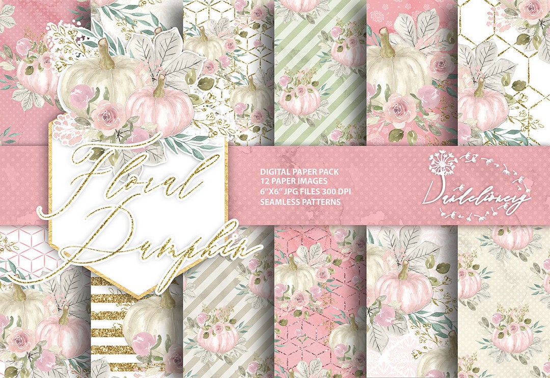 Floral Pumpkin Digital Paper Pack, Thanksgiving Stickers, Autumn, Fall ...