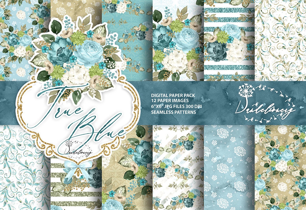 Watercolor True Blue Digital Paper Pack Garden Flower - Etsy