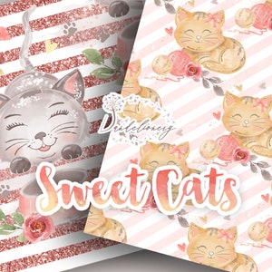 Watercolor Sweet Cats Digital Paper Pack, Cat Pattern Download, Instant ...