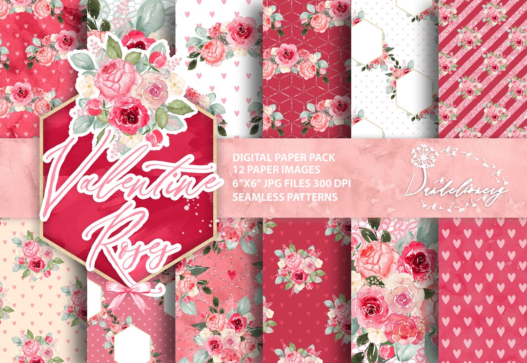 Watercolor Valentine Roses Digital Paper Pack, Garden, Flower Pattern ...