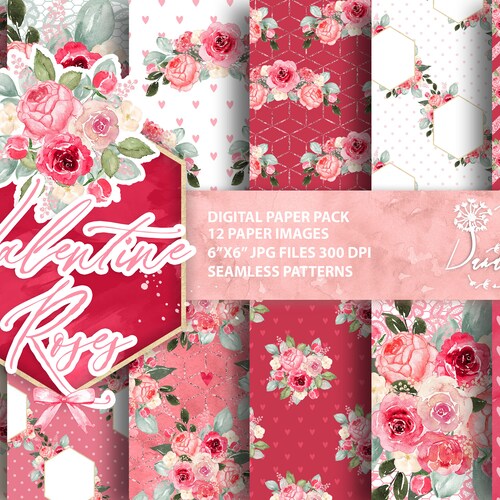 Watercolor Valentine Roses Digital Paper Pack Garden Flower - Etsy
