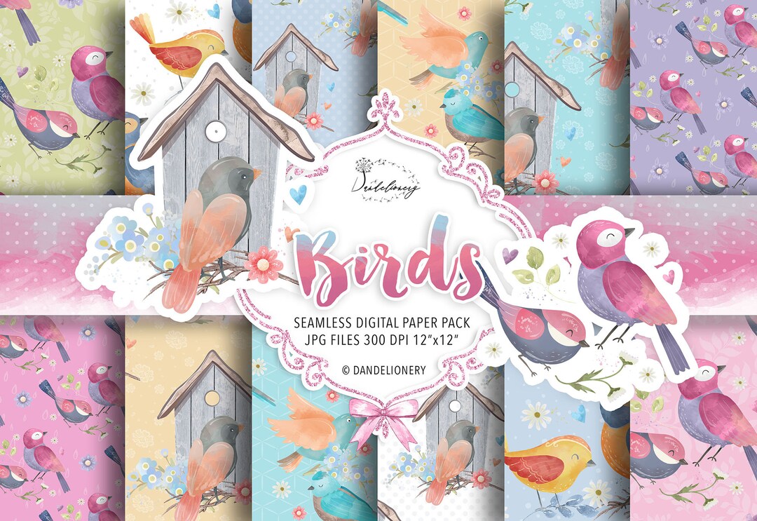 Watercolor Birds Digital Paper Pack, Spring Pattern, Flower Background ...