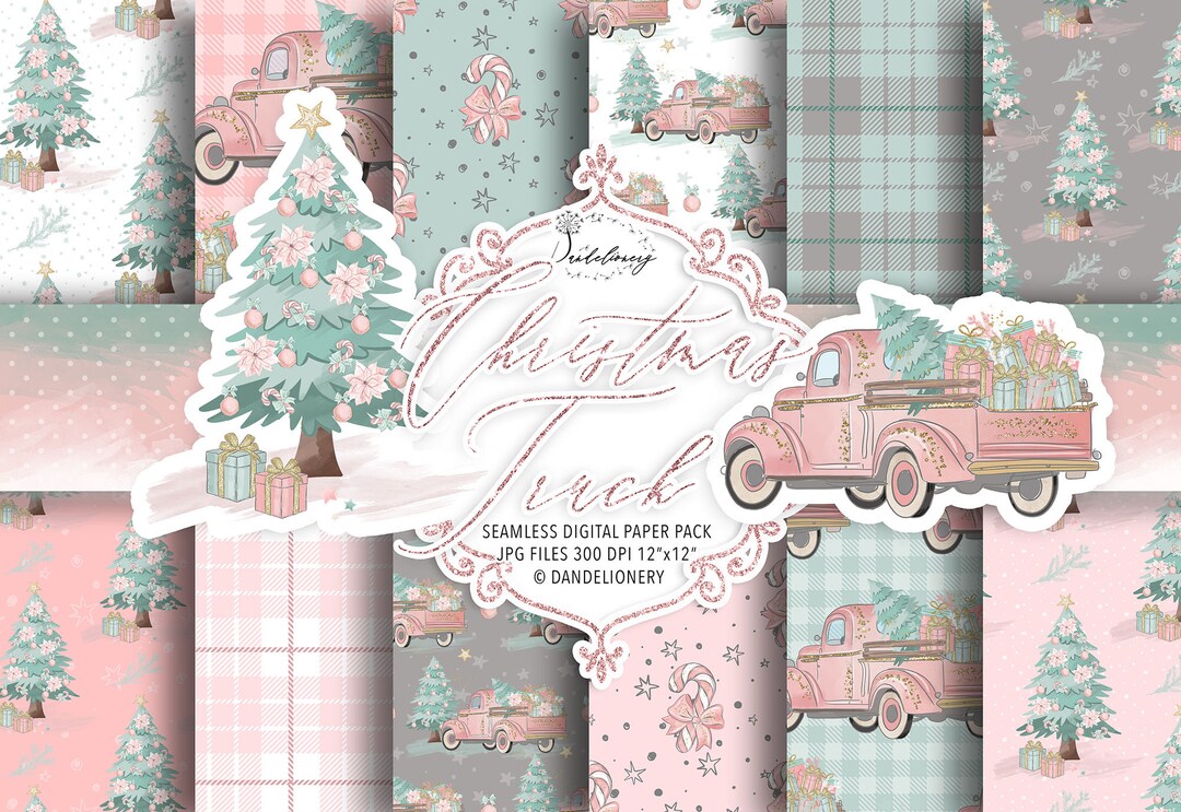 Christmas Truck Pink Digital Paper Pack, Christmas Stickers, Winter ...