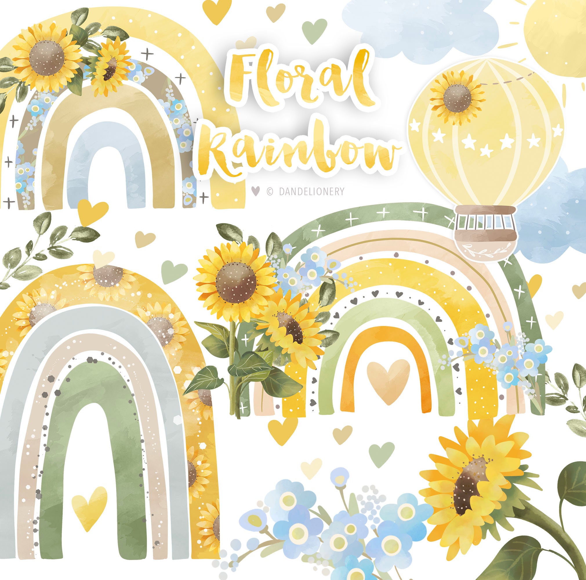 Watercolor Floral Rainbow Sunflower Rainbows Clipart Instant - Etsy