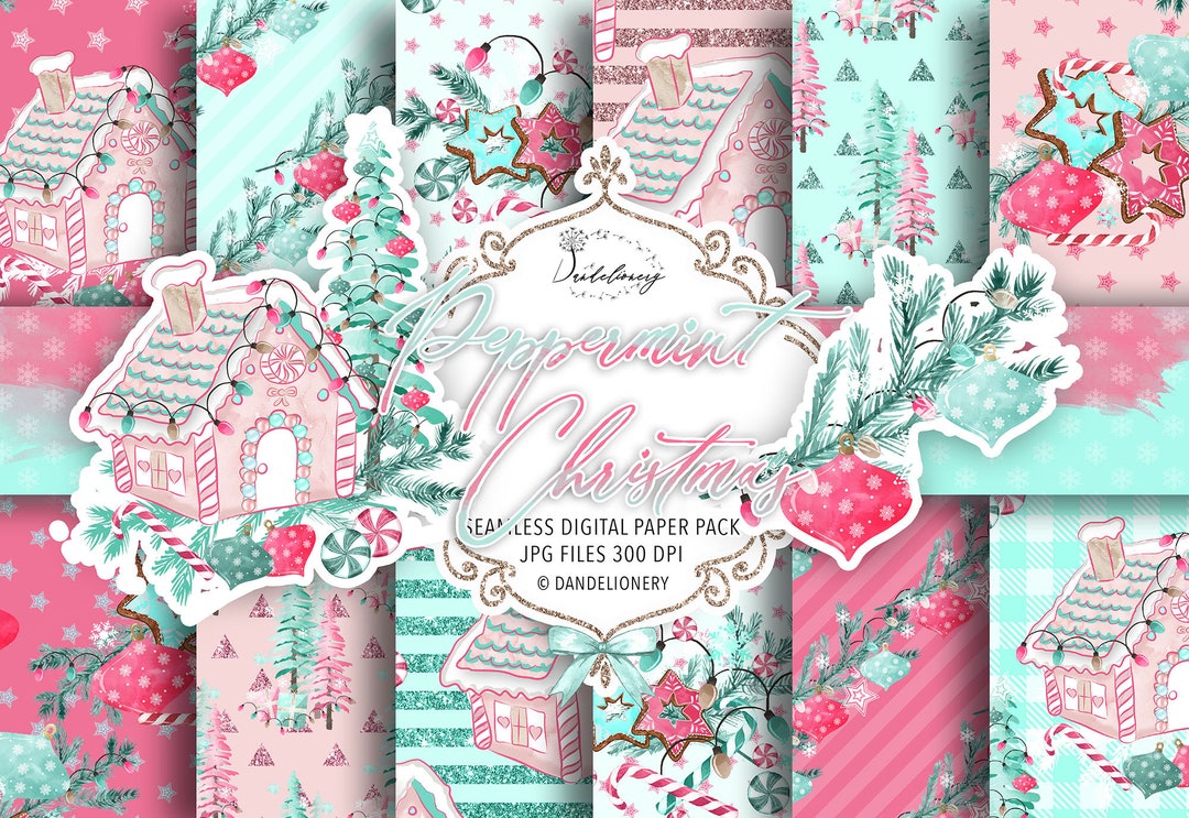 Peppermint Christmas Digital Paper Pack, Cute, Poinsettia, Christmas ...