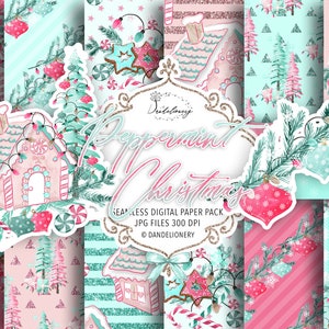 Peppermint Christmas Digital Paper Pack Cute Poinsettia - Etsy