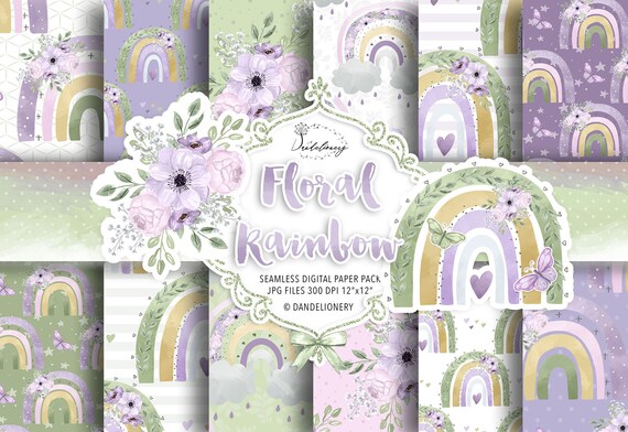 Watercolor Floral Rainbow digital paper pack rainbows | Etsy