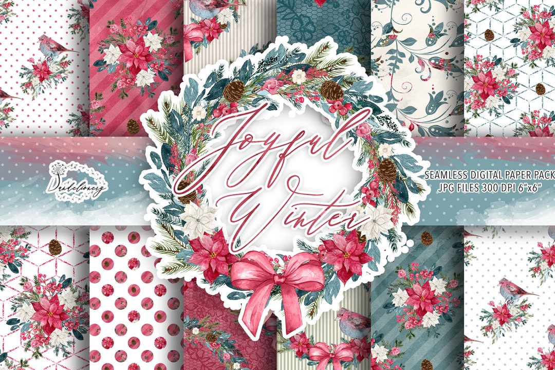 Joyful Winter Digital Paper Pack, Christmas Tree, Poinsettia, Christmas ...