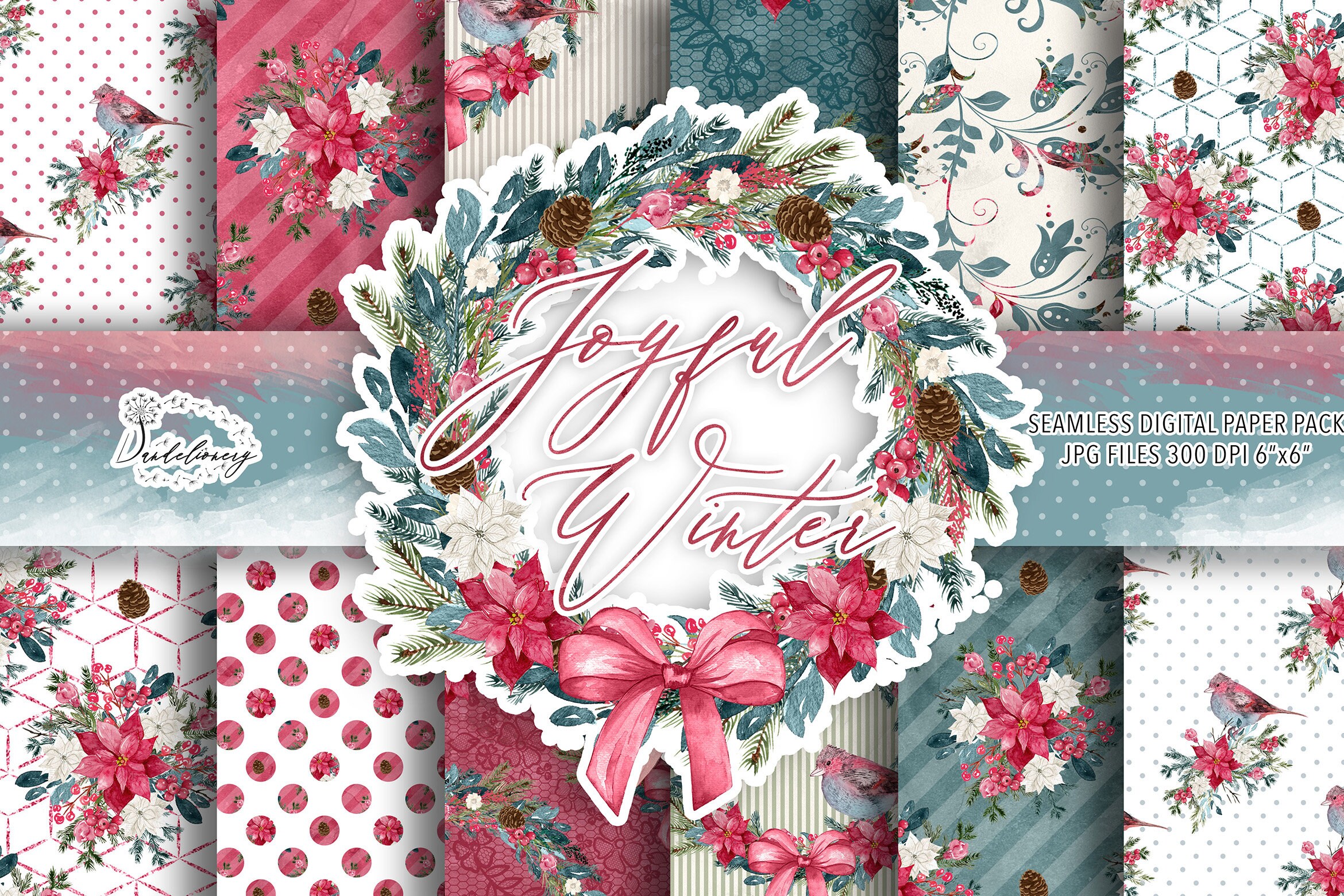 Joyful Winter Digital Paper Pack Christmas Tree Poinsettia - Etsy
