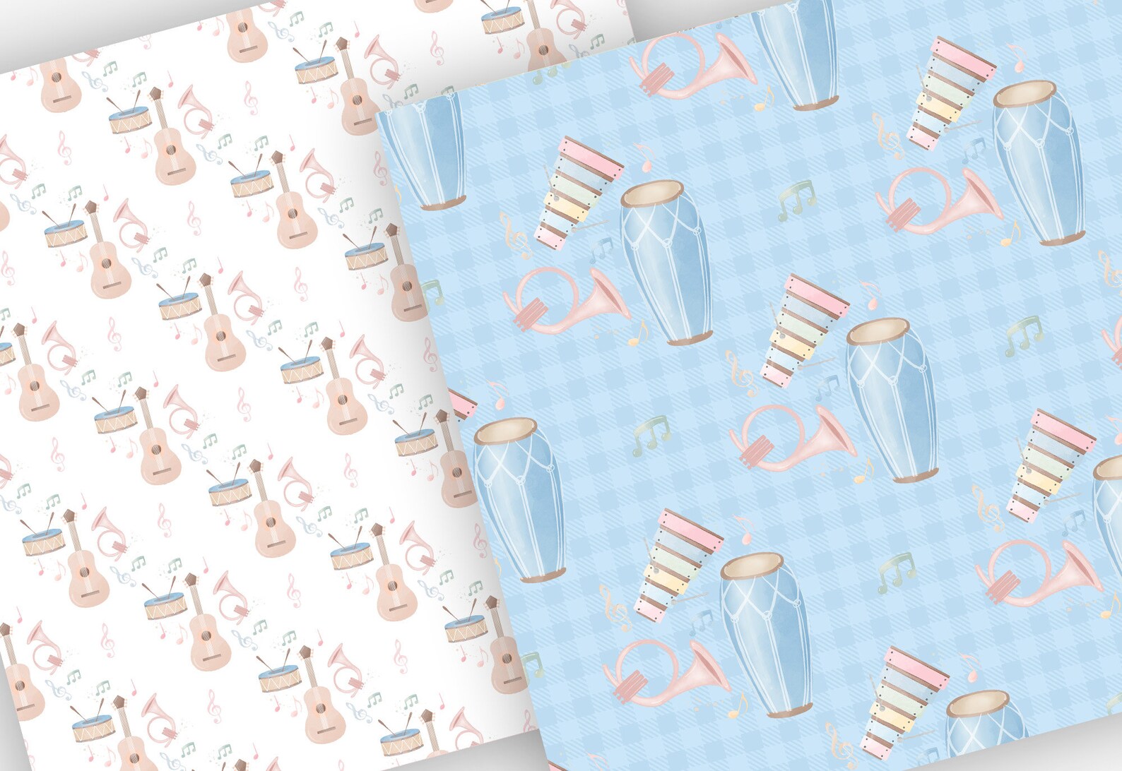 Watercolor Instruments Pastel Color Digital Paper Pack, Guitar, Trumpet ...
