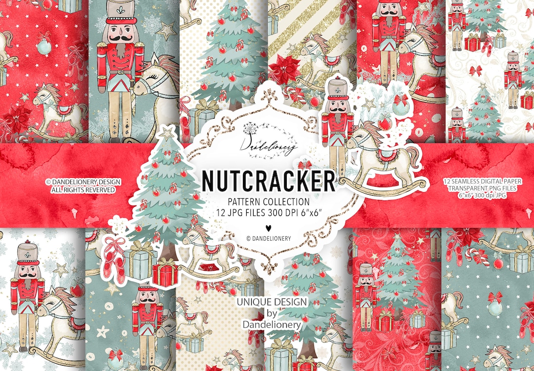 Christmas Nutcracker Digital Paper Pack, Christmas Tree, Poinsettia ...