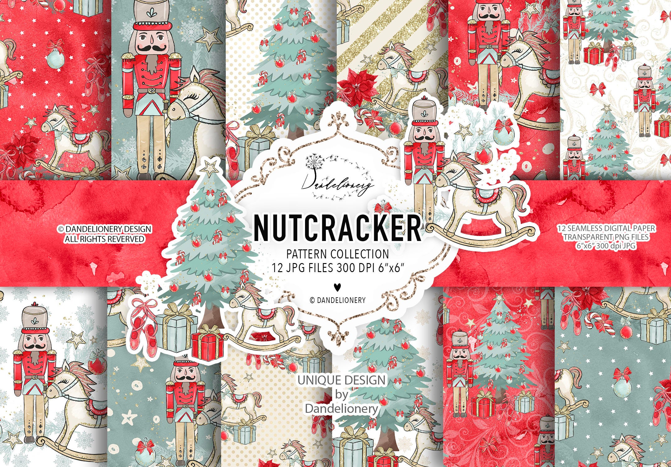 Christmas Nutcracker Digital Paper Pack, Christmas Tree, Poinsettia ...