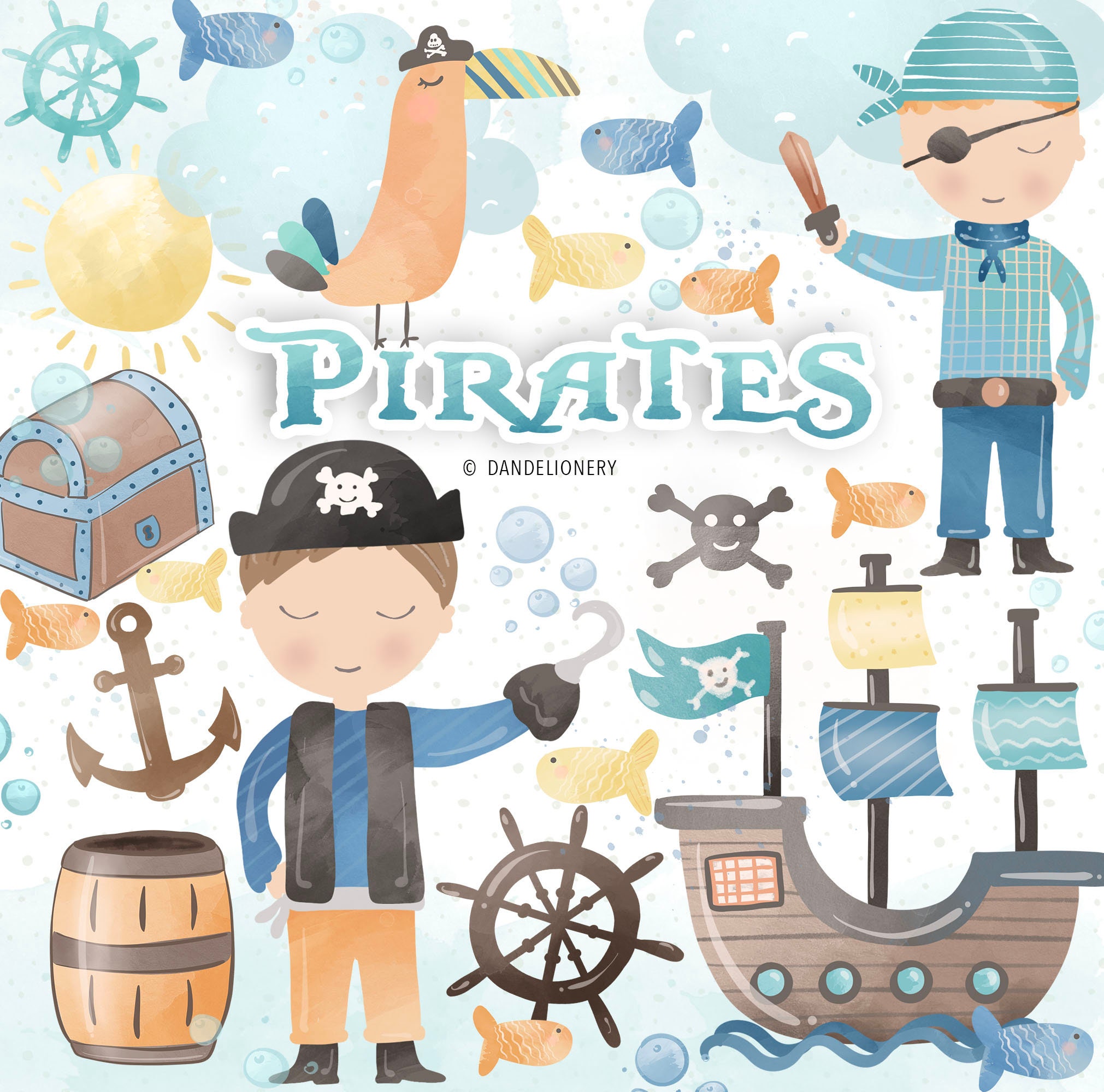 Watercolor Kids Pirates Design Nursery Clipart Sea Boys - Etsy