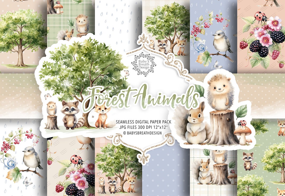 Woodland Animals Watercolor Digital Paper Pack, Woodland Nursery ...